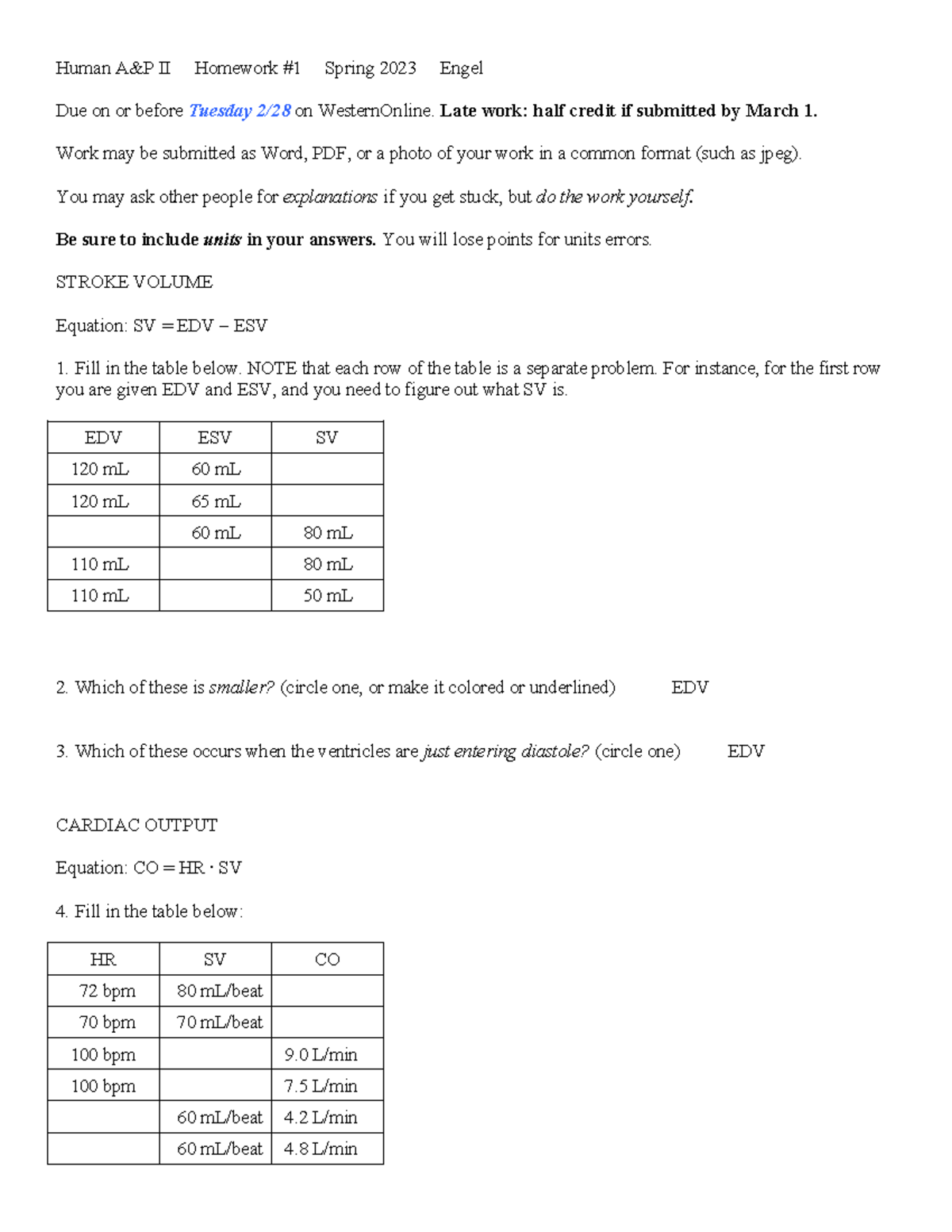 Human II Homework #1 Spring 2023: Cardiac Output Calculations - Studocu