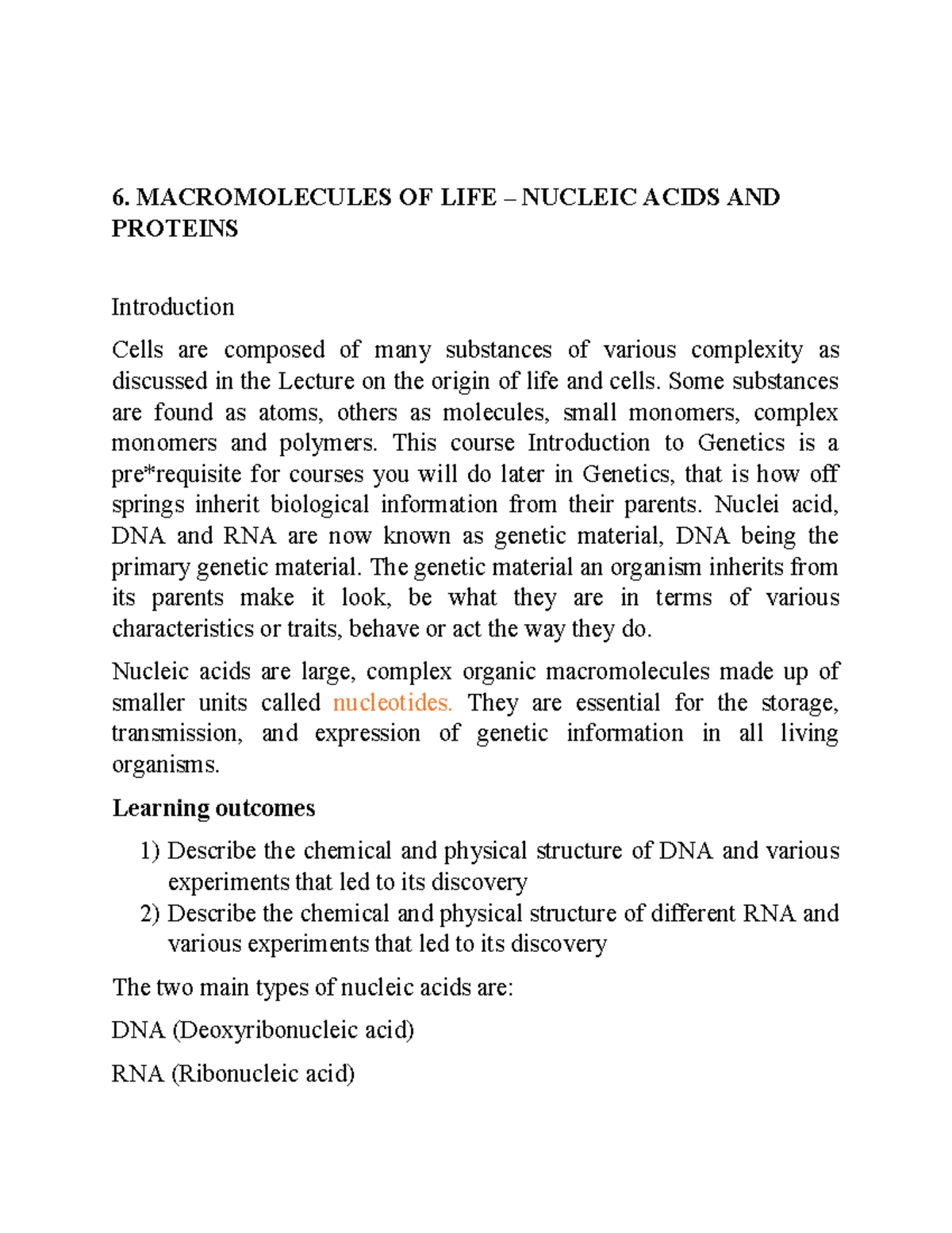 6. Macromolecules of Life: Nucleic Acids & Proteins (Intro to Genetics ...