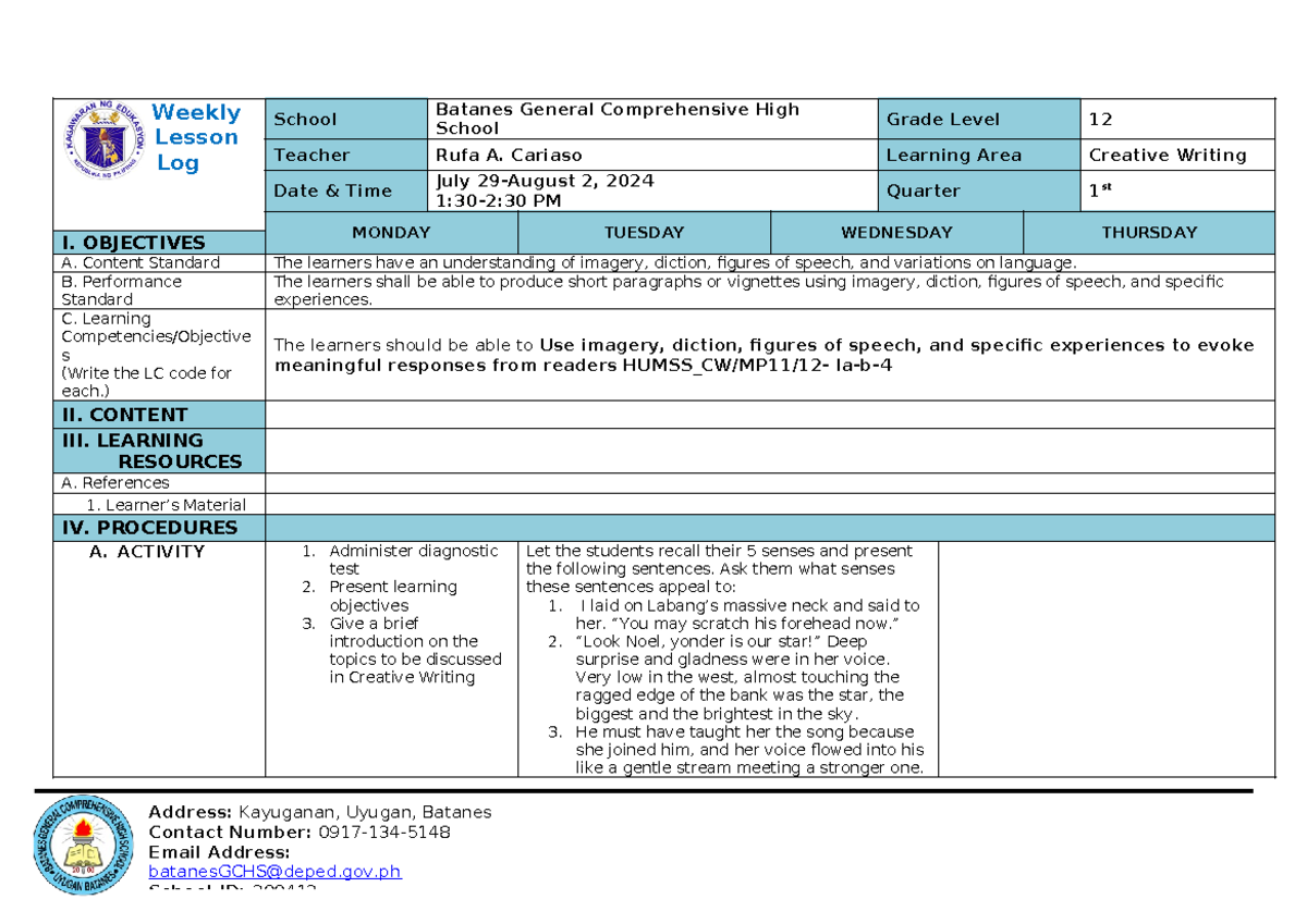 Creative Writing Lesson Log - Grade 12 - DLL (July 2024) - Studocu