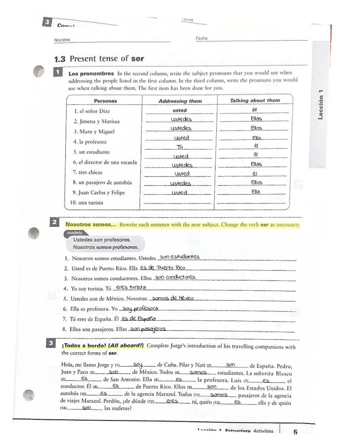 1.3 Present Tense of Ser: Subject Pronouns & Sentence Rewrites - Studocu