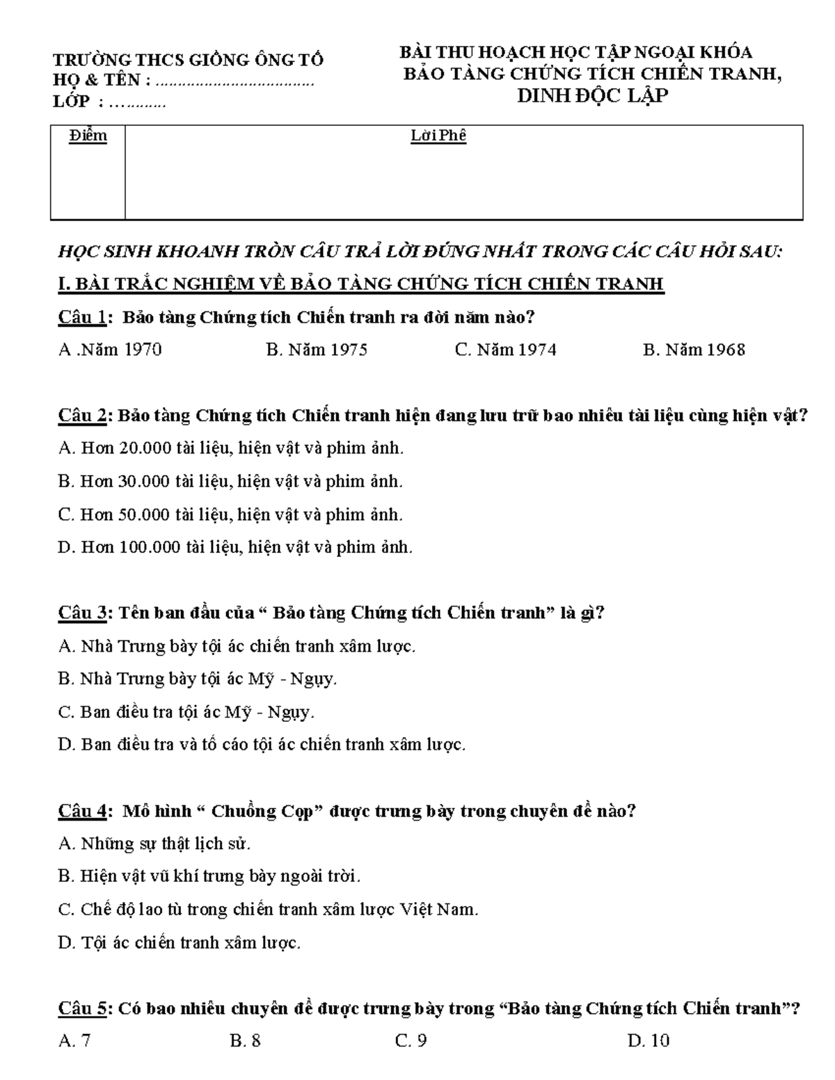 BÀI THU HOẠCH HỌC TẬP NGOẠI KHÓA VỀ BẢO TÀNG CTCT - DTN - Studocu