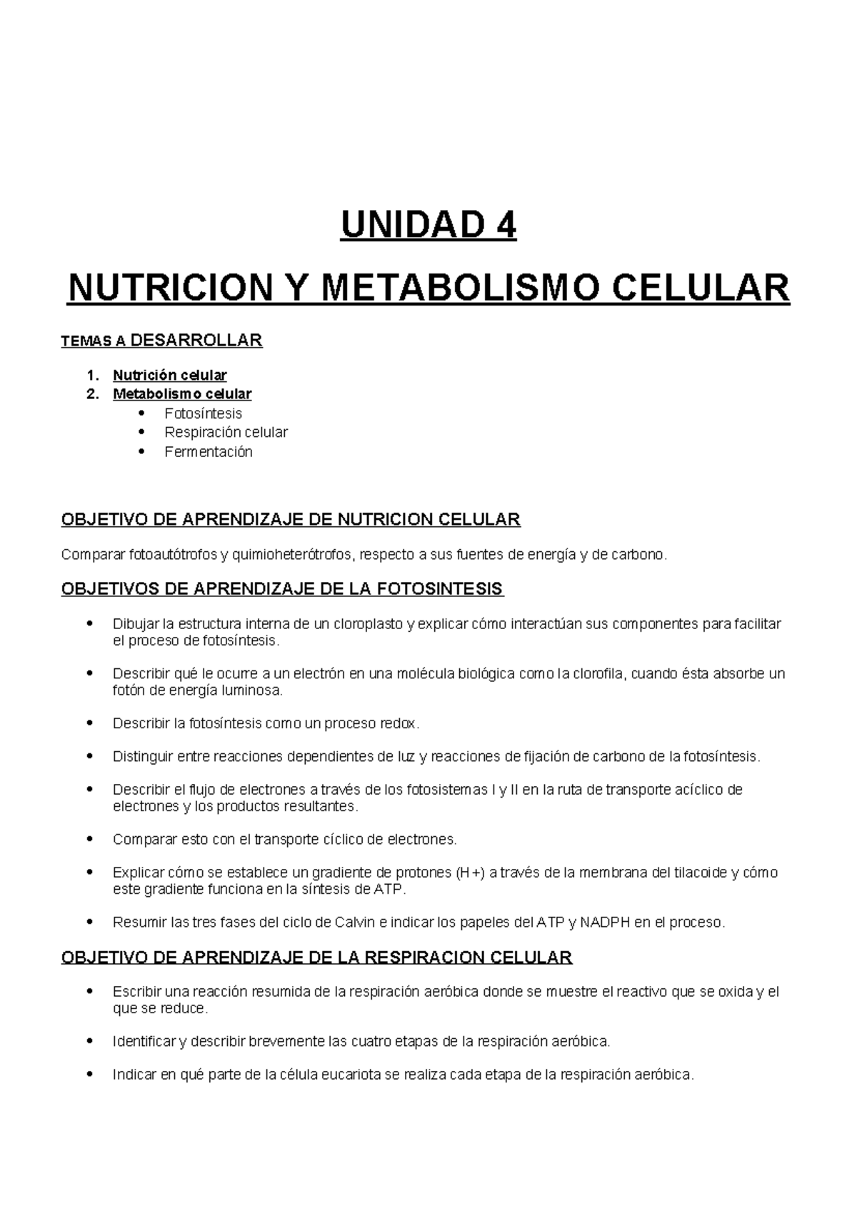 Unidad 4: Nutrición y Metabolismo Celular en Biología - Studocu