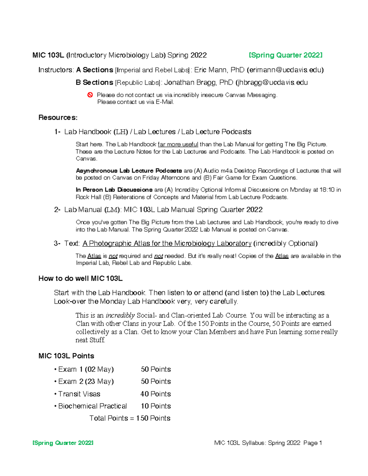 MIC 103L Spring 2022 Syllabus for Introductory Microbiology Lab - Studocu
