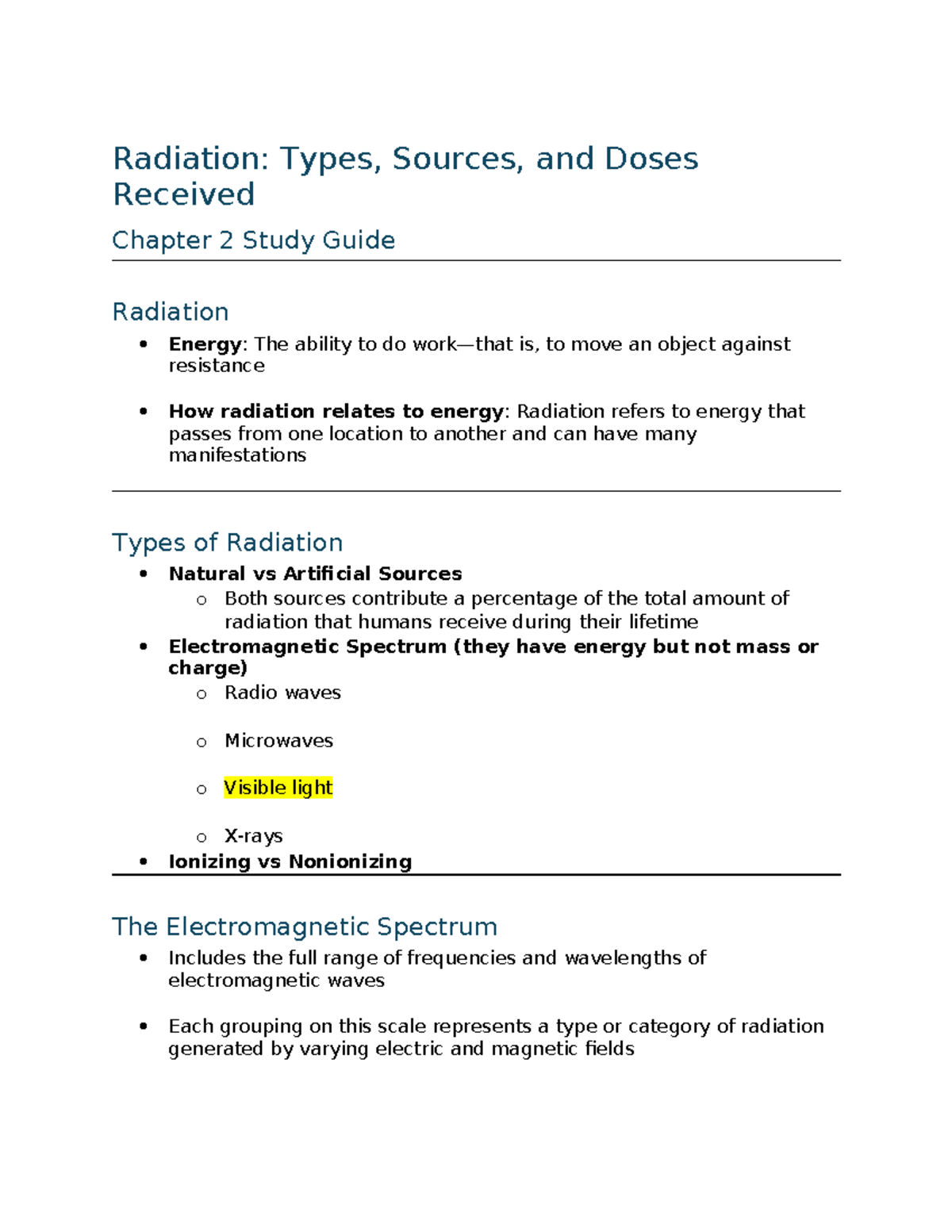 Chapter 2 Study Guide: Radiation Types, Sources, & Doses (RAD101) - Studocu