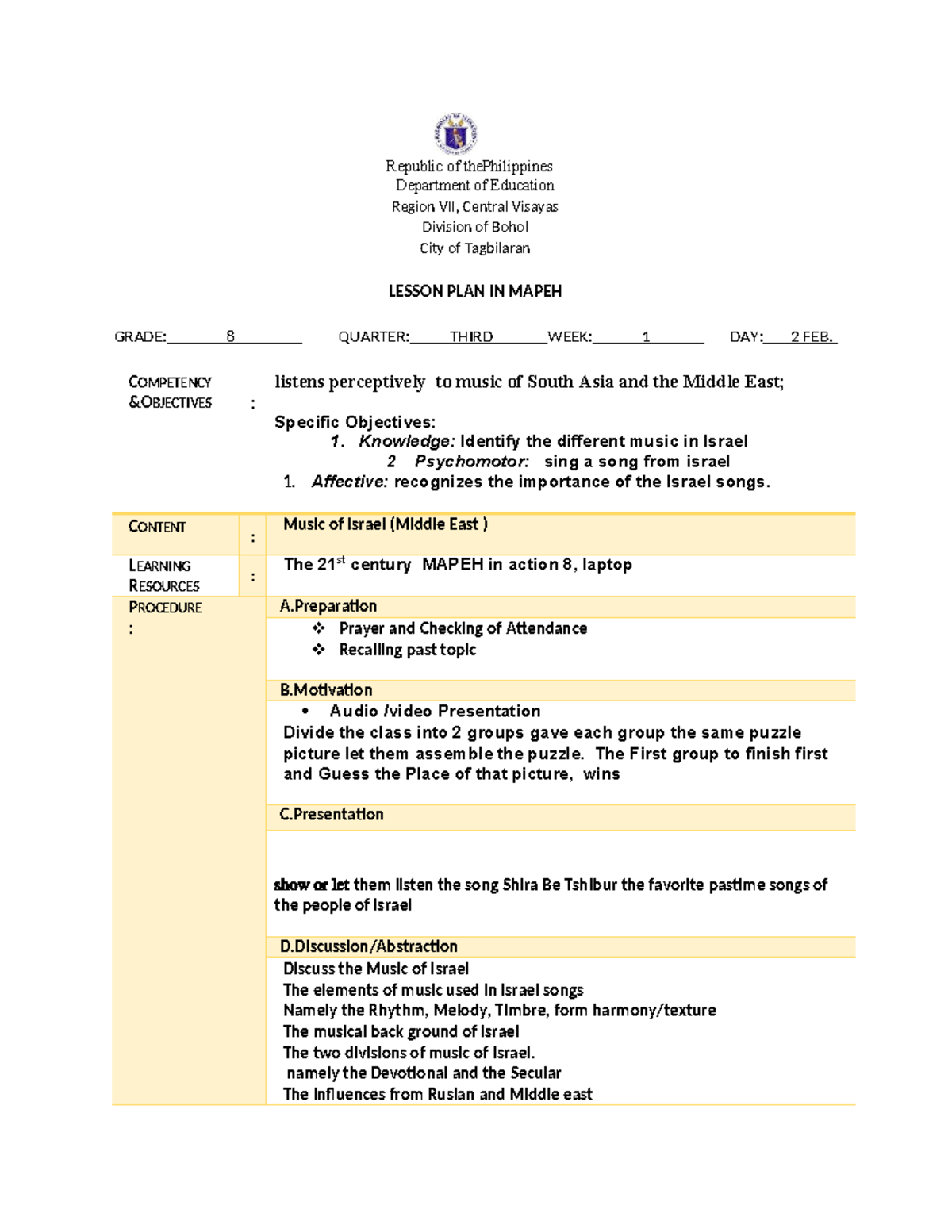 MAPEH 8 - Lesson Plan for Music of Israel - 3rd Quarter Week 2 - Studocu