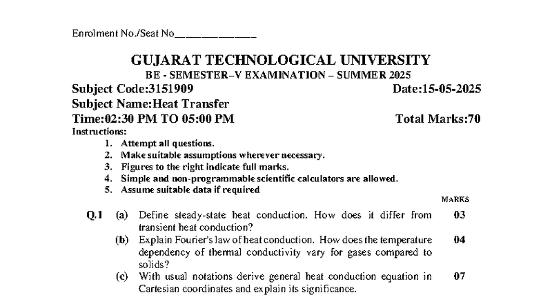 3151909 - Heat Transfer Exam Practice Material for Summer 2025 - Studocu