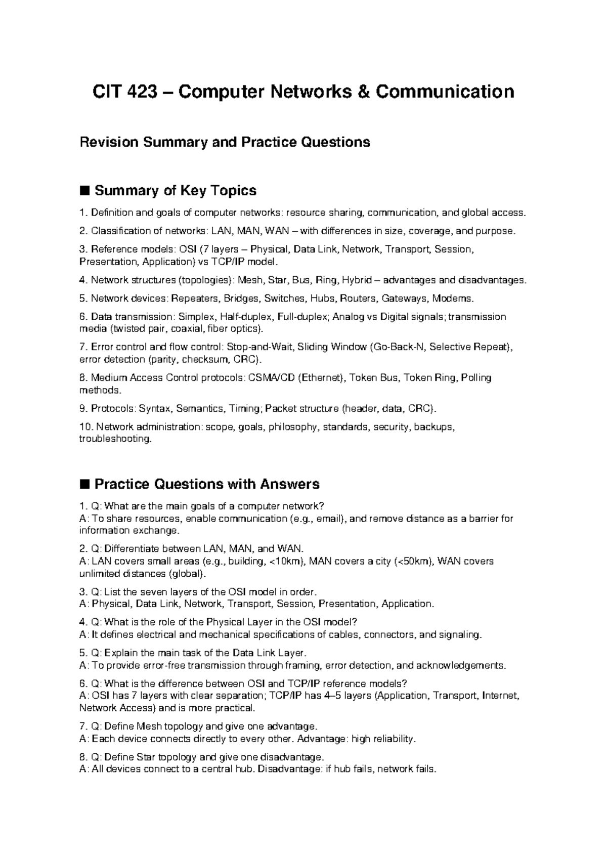 CIT 423 Computer Networks: Revision Summary & Practice Qs - Studocu