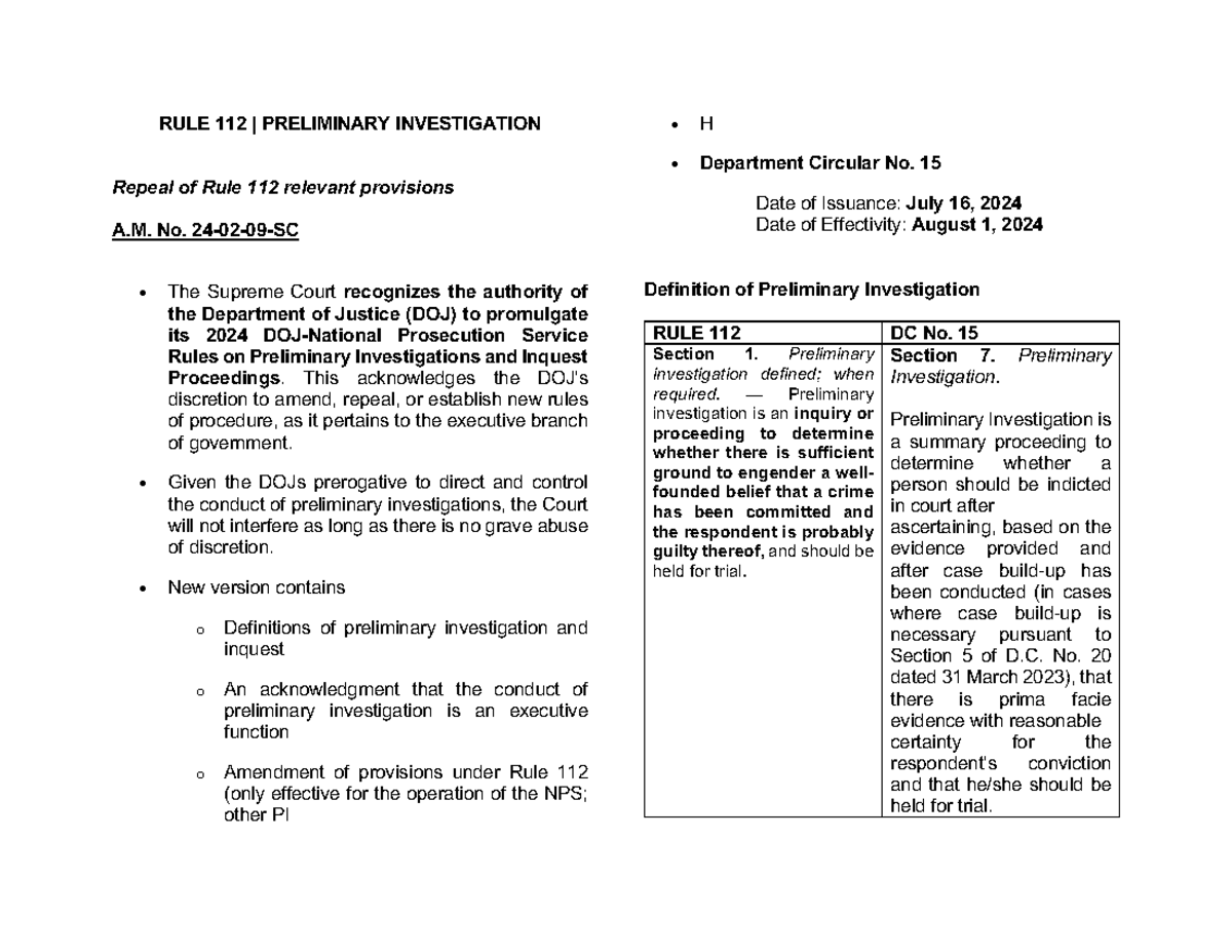 RULE 112 - Preliminary Investigation Guidelines (DC No. 15) - Studocu