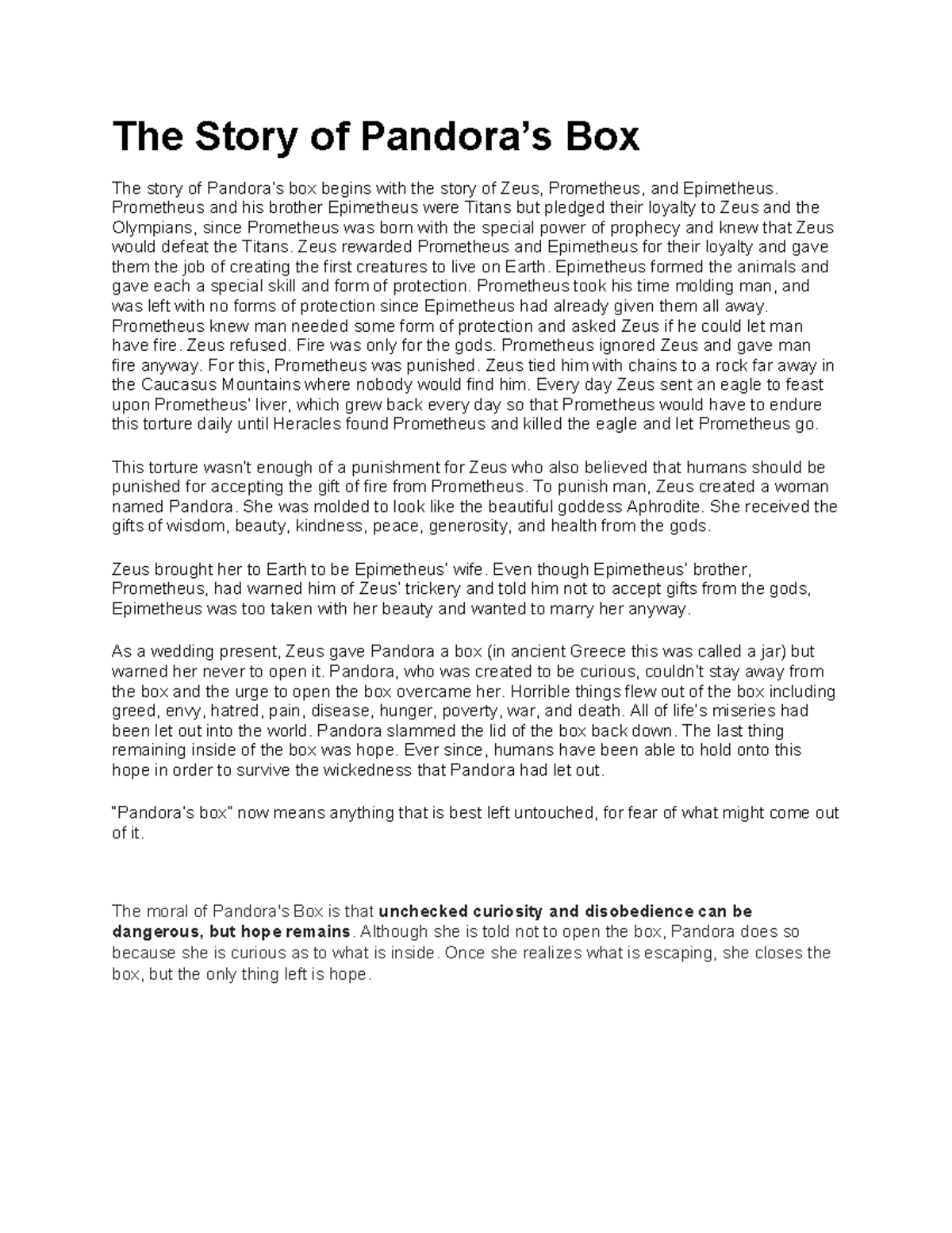 The Story of Pandora - Prometheus and his brother Epimetheus were ...