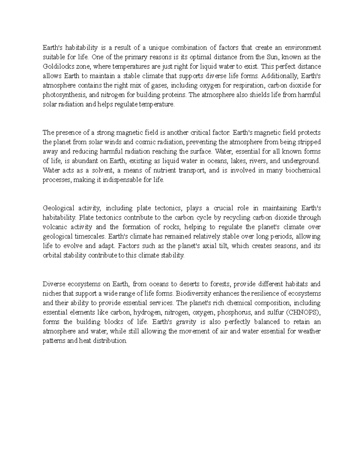 Factors Contributing to Earth's Habitability: A Detailed Overview - Studocu