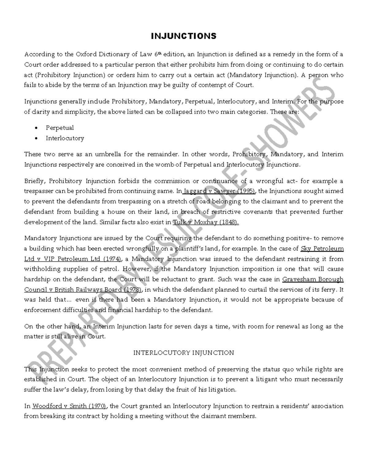 Injunctions including perpetual, mandatory, prohibitory, etc ...