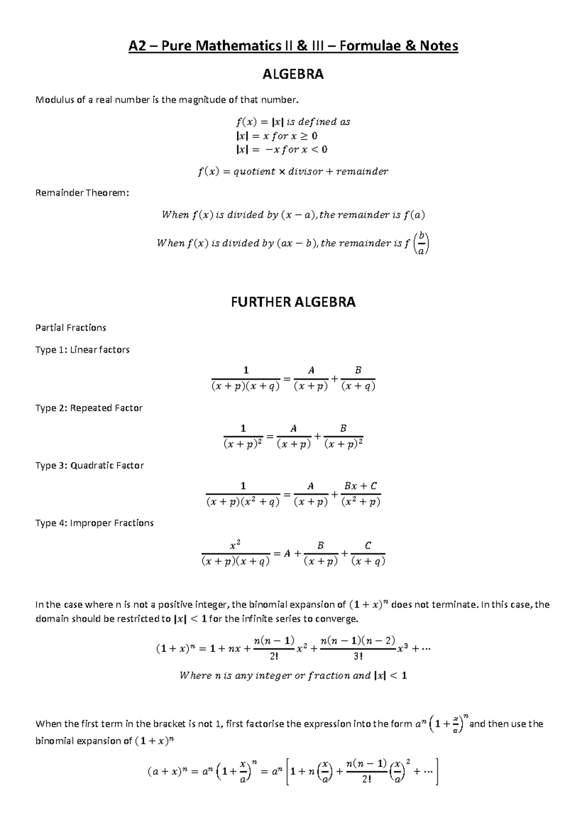 A2 Pure Mathematics II & III Formulae & Notes - CIE A Level Maths - Studocu