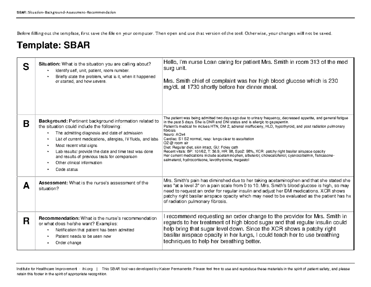 SBAR Template for Med Surg Course - 2024 - Studocu
