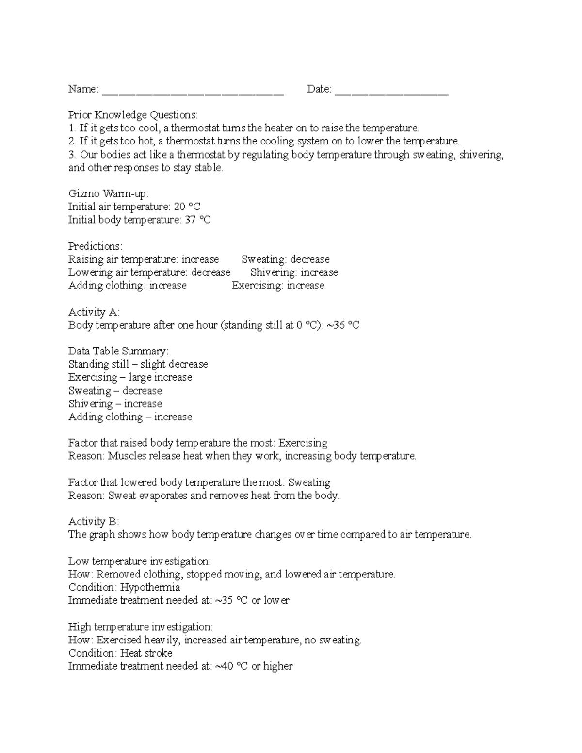 Human Homeostasis SE Solutions: Temperature Regulation Insights - Studocu