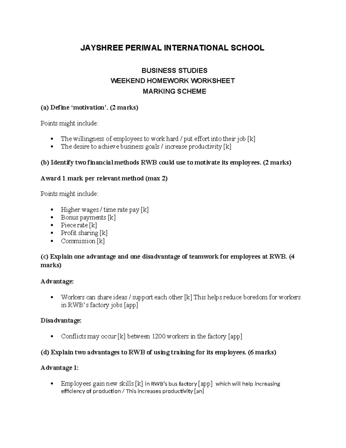 BUSINESS STUDIES HW MARKING SCHEME - JAYSHREE PERIWAL SCHOOL - Studocu