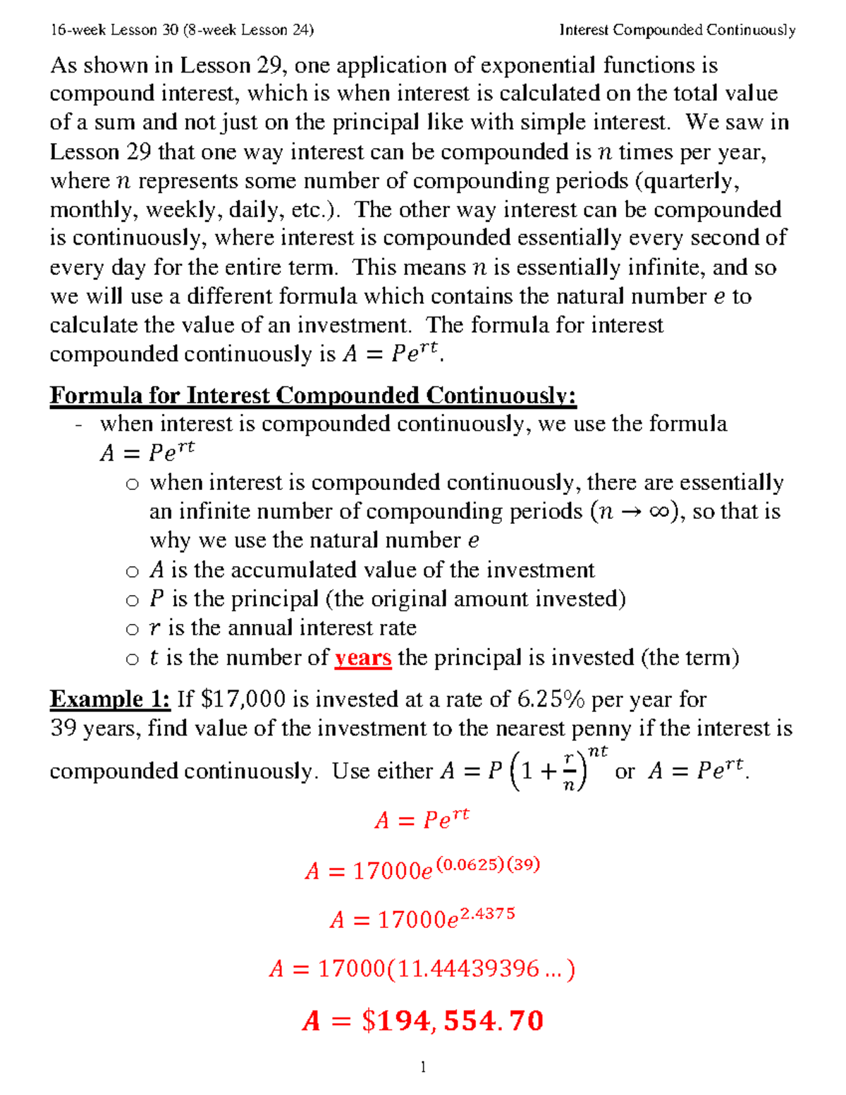 Interest Compounded Continuously - As shown in Lesson 29 , one ...