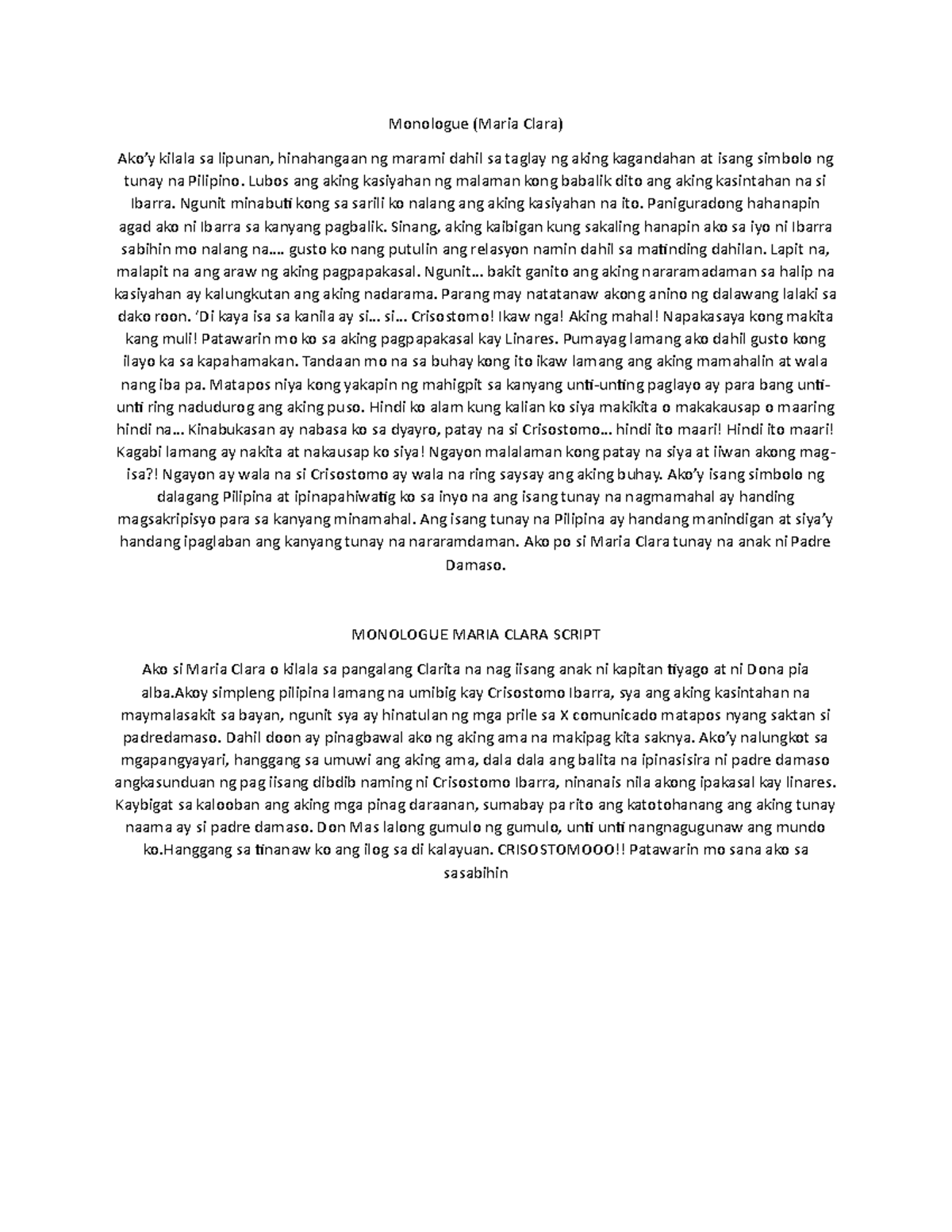 Monologue ni Maria Clara: Isang Pagsasalamin sa Paghihirap at Pag-ibig ...