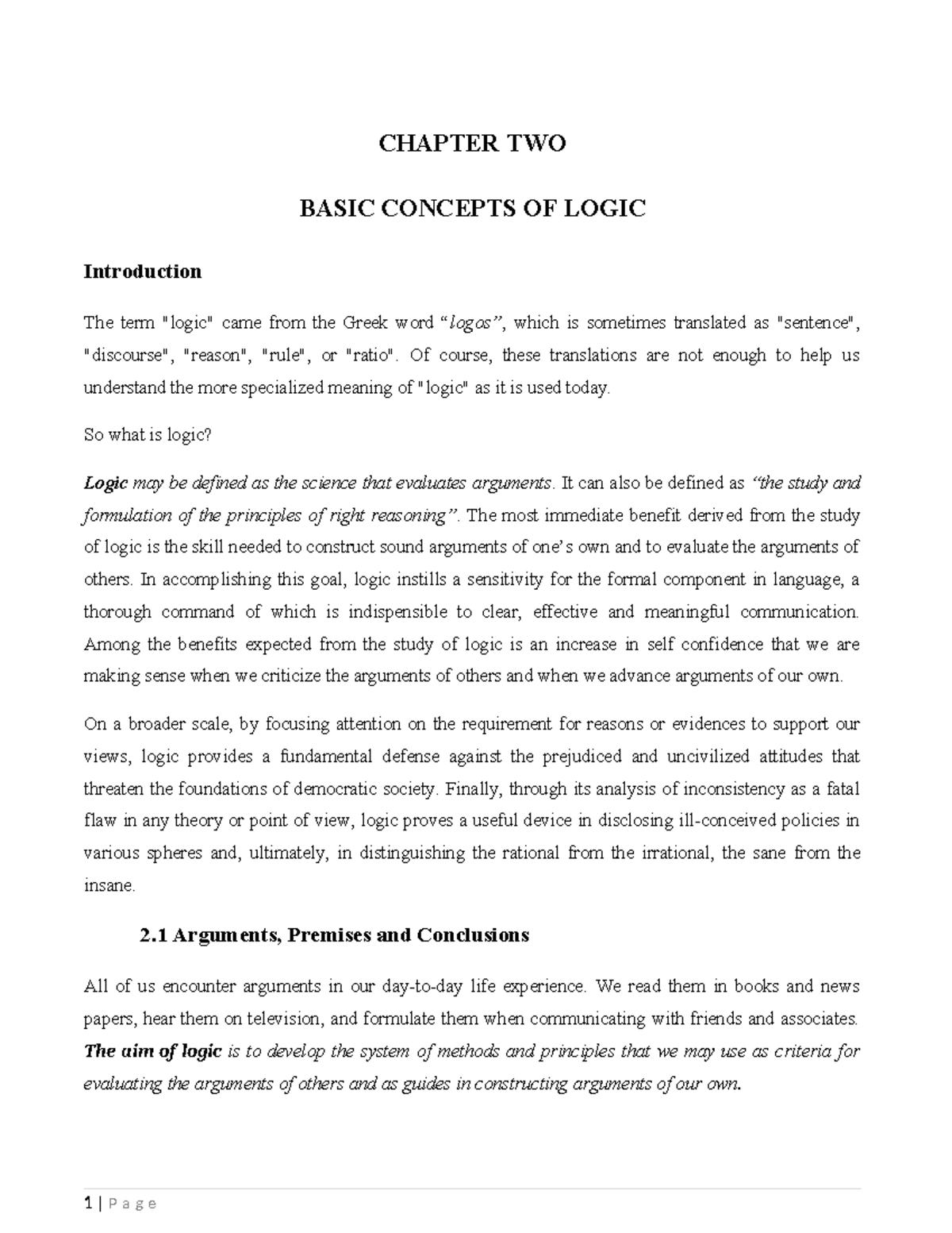 Logic Chapter 2 - CHAPTER TWO BASIC CONCEPTS OF LOGIC Introduction The term "logic" came - Studocu