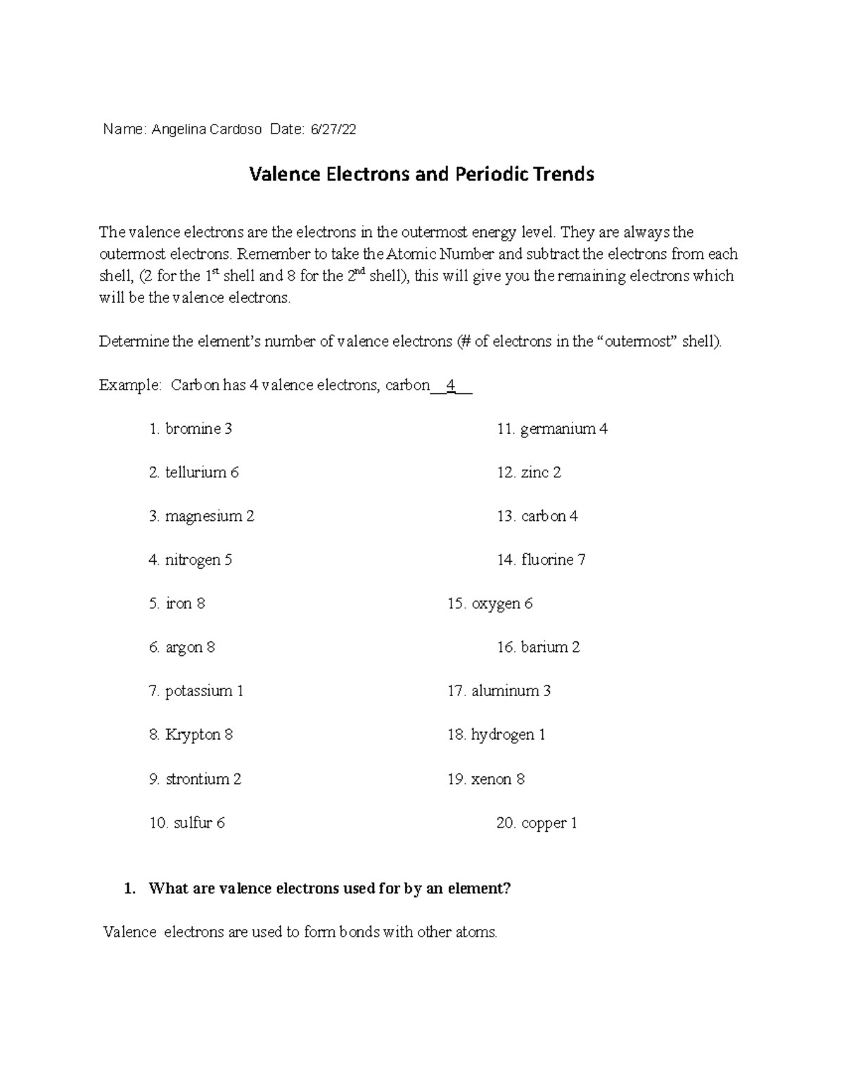 Valence Electron Practice & Periodic Trends Overview for Exam - Studocu