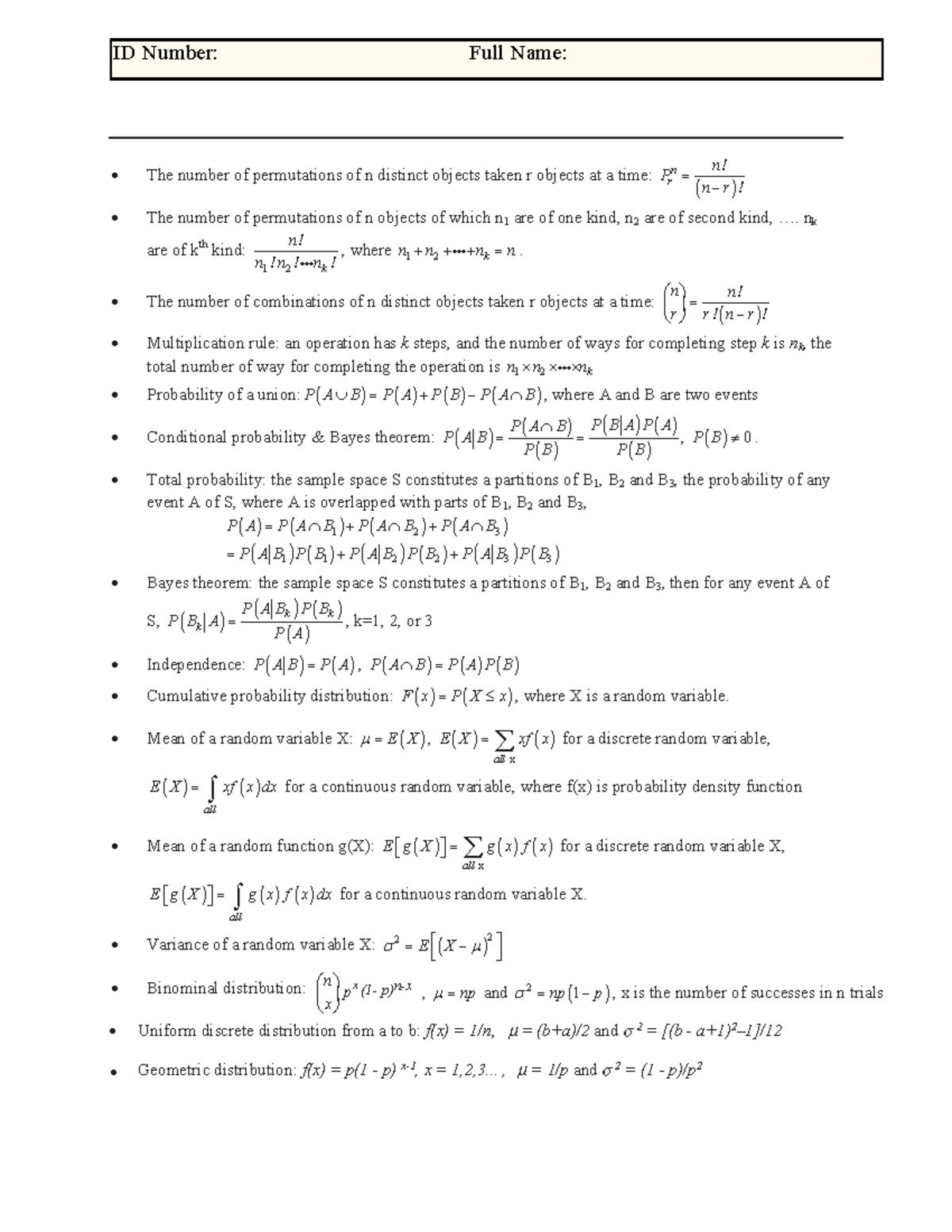 Crib Sheets - Midterm Exam on Probability and Permutations - Studocu