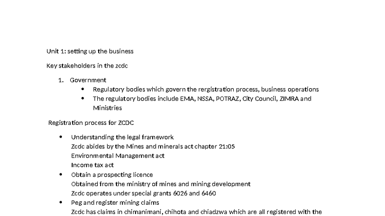 Unit 1: Business Setup & Key Stakeholders in ZCDC - Studocu