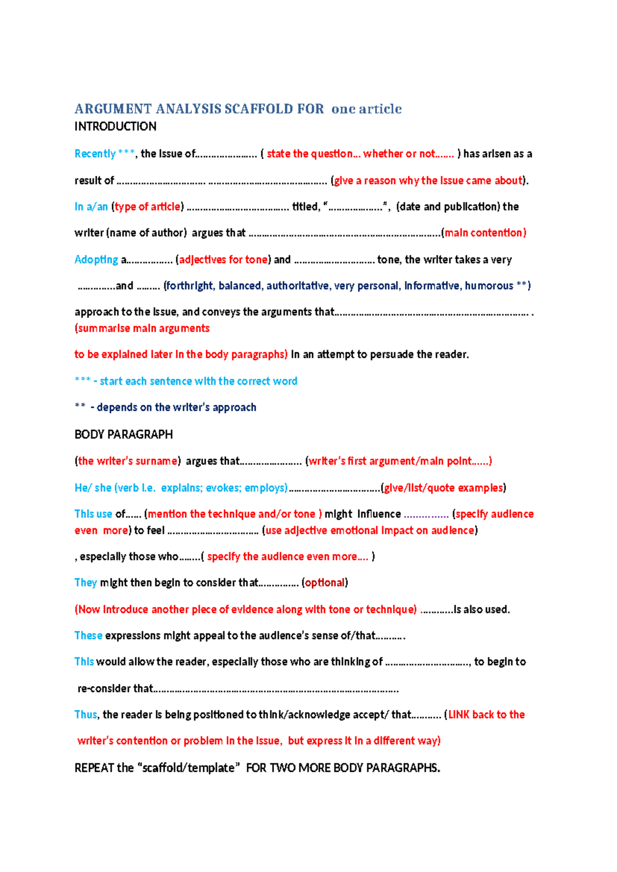 ARGUMENT ANALYSIS SCAFFOLD FOR ARTICLE: INTRODUCTION & BODY PARAGRAPHS ...