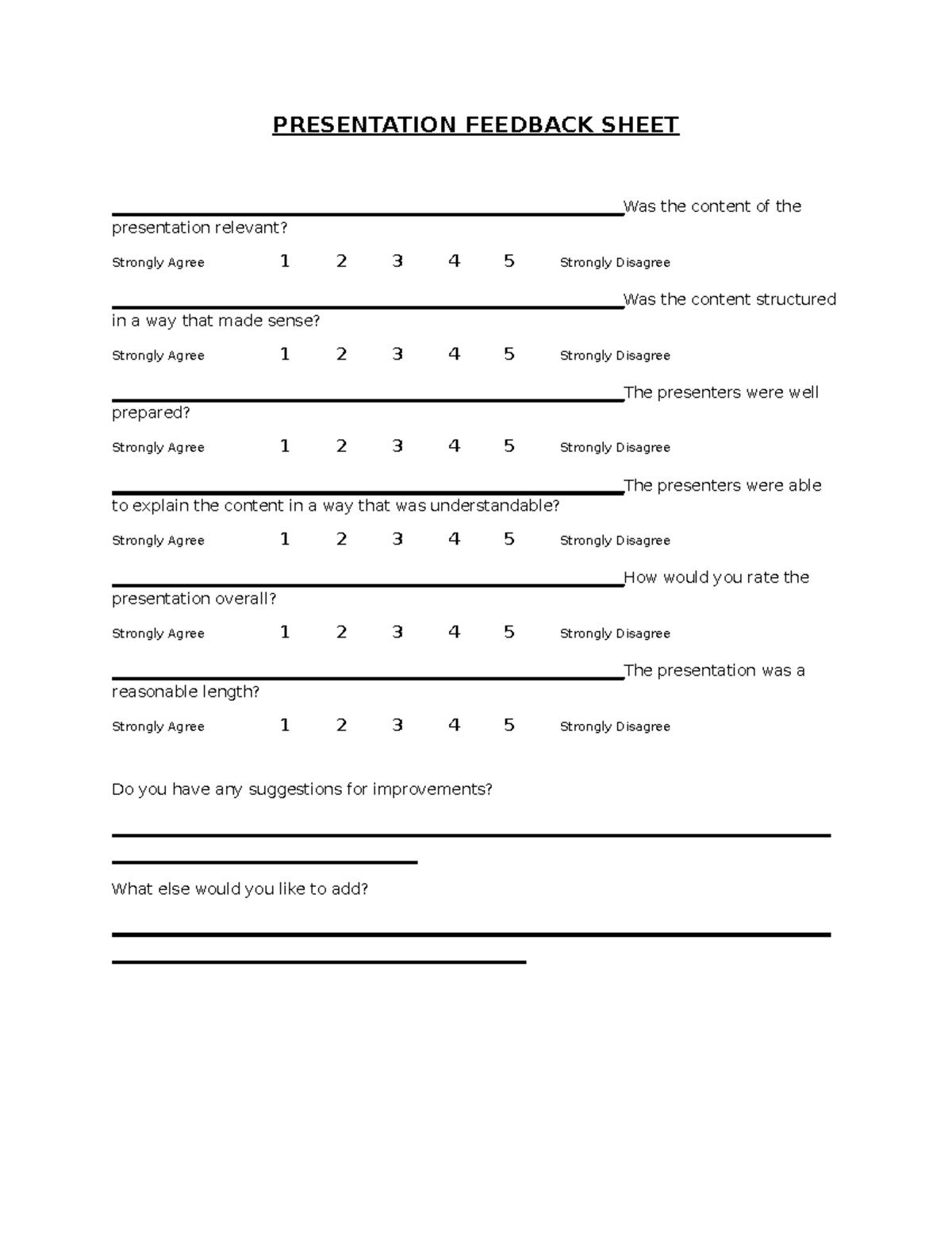 WHS Feedback Form - PRESENTATION FEEDBACK SHEET