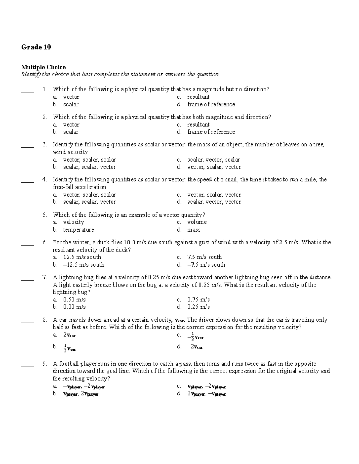 Grade 10 Physics MCQ: Scalars and Vectors Homework - Studocu