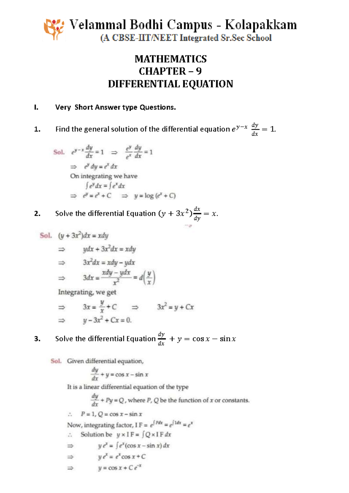 MATHEMATICS CHAPTER 9 DIFF EQ I: Short Answer Qs & Solutions - Studocu