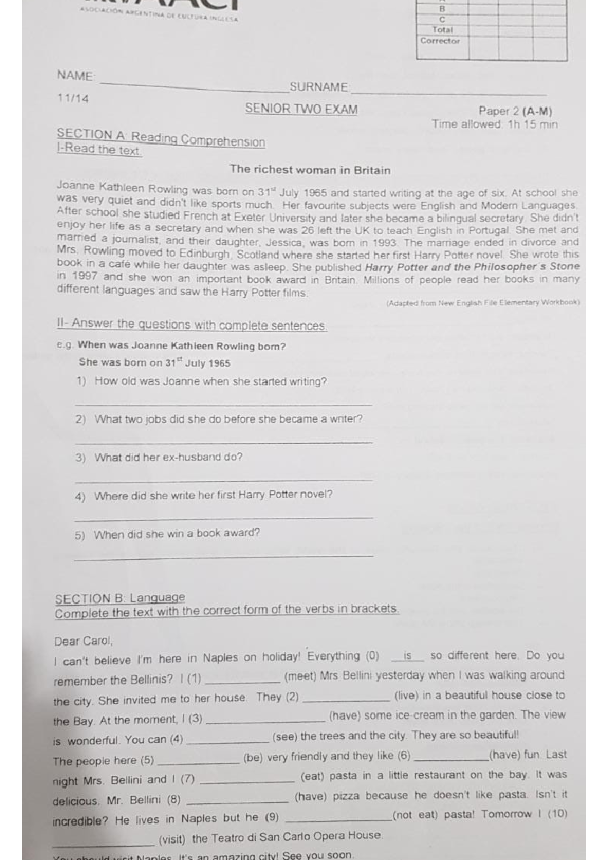 Senior 2 Final Exam 1: Culture and Language Comprehension - Studocu