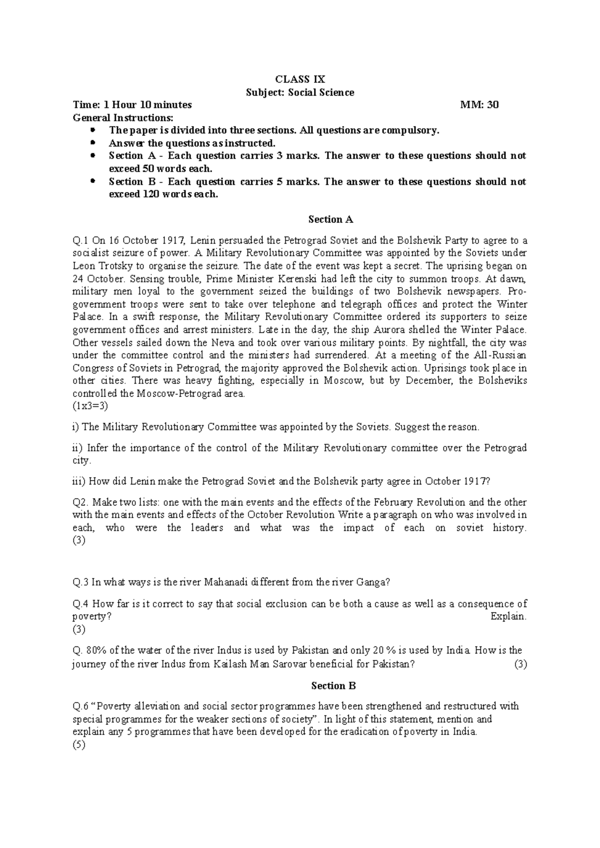 CLASS IX Social Science Practice Paper 2 - Exam Prep - Studocu