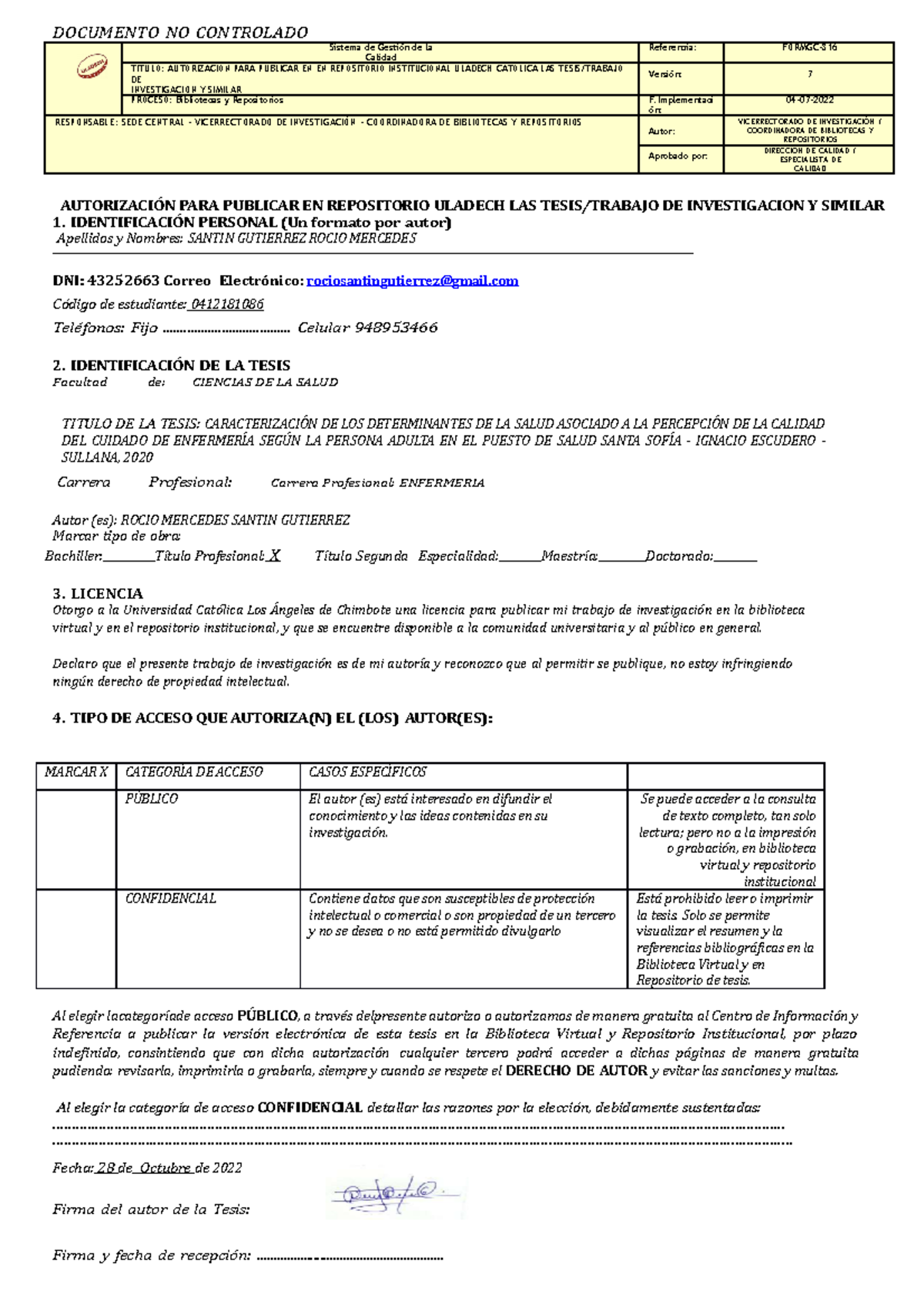 Formacg 316 - INFORME - DOCUMENTO NO CONTROLADO Sistema de Gestión de ...