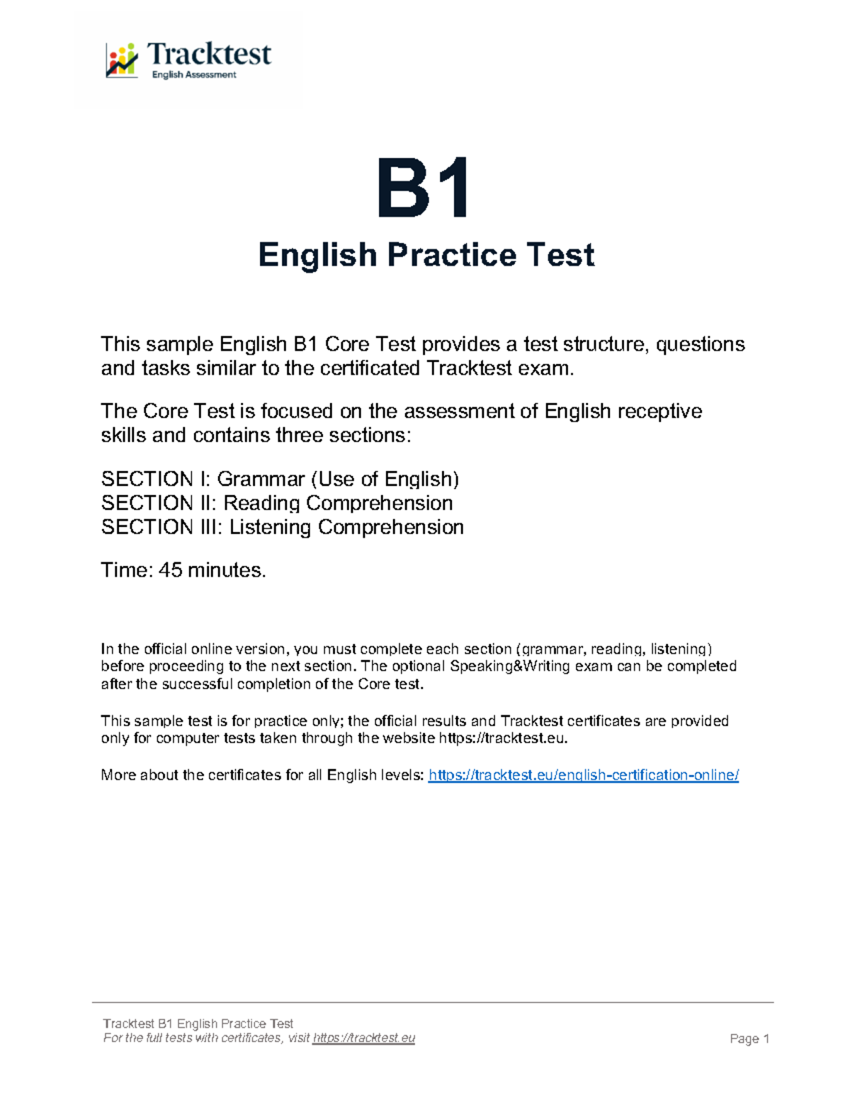Tracktest B1 English Practice Test: Mockup with Answer Keys - Studocu