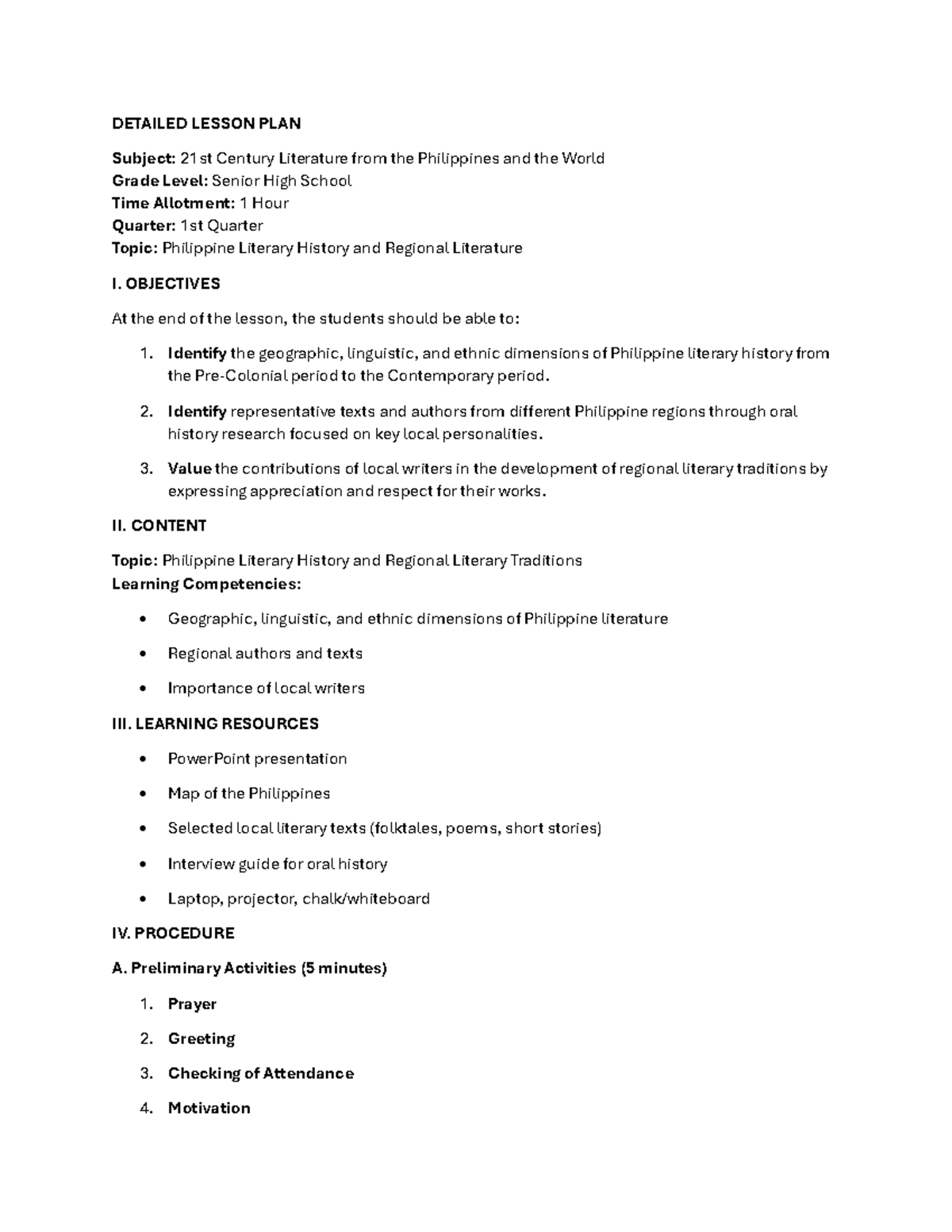 21st Century Literature Lesson Plan: Philippine Literary History - Studocu