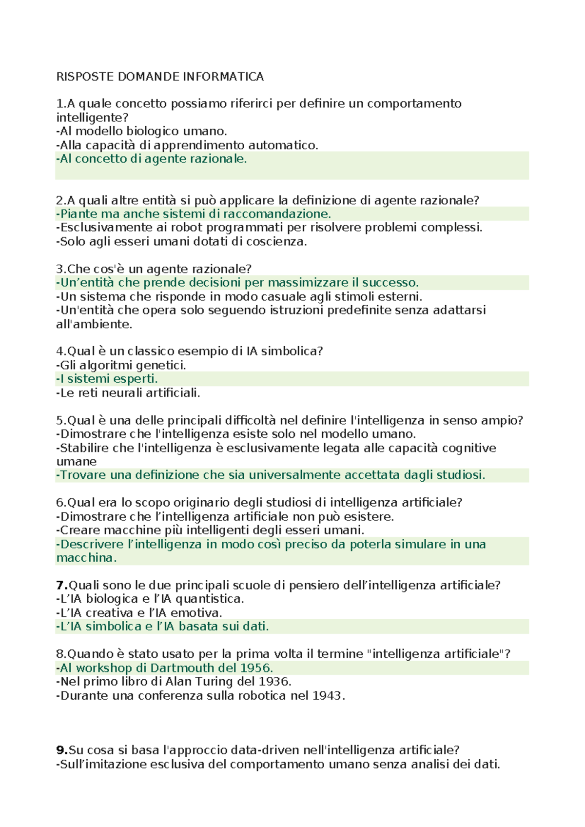 Risposte Domande - Informatica 1: Intelligenza Artificiale e Bias - Studocu