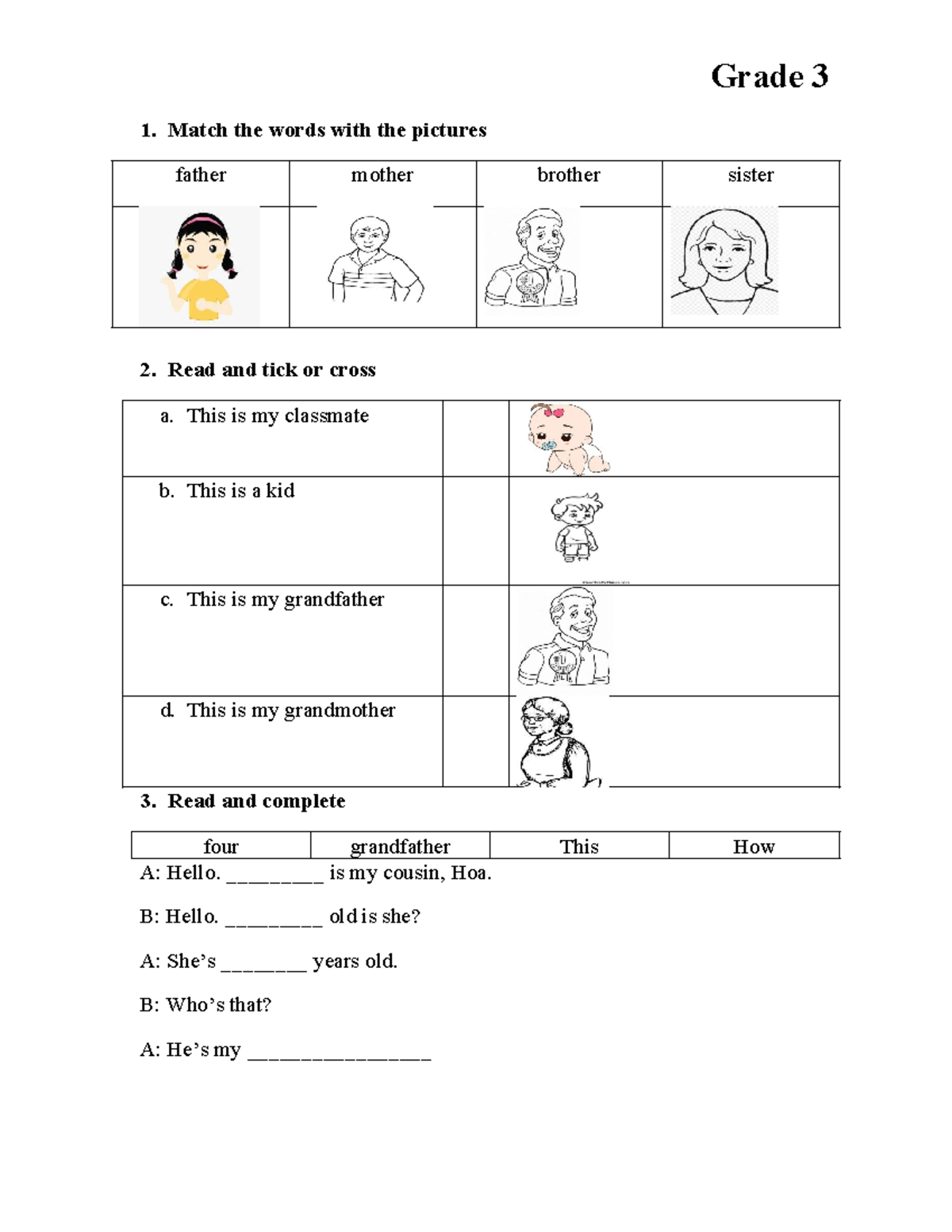 Grade 3 Test 3: Matching Words with Pictures and Reading Comprehension ...