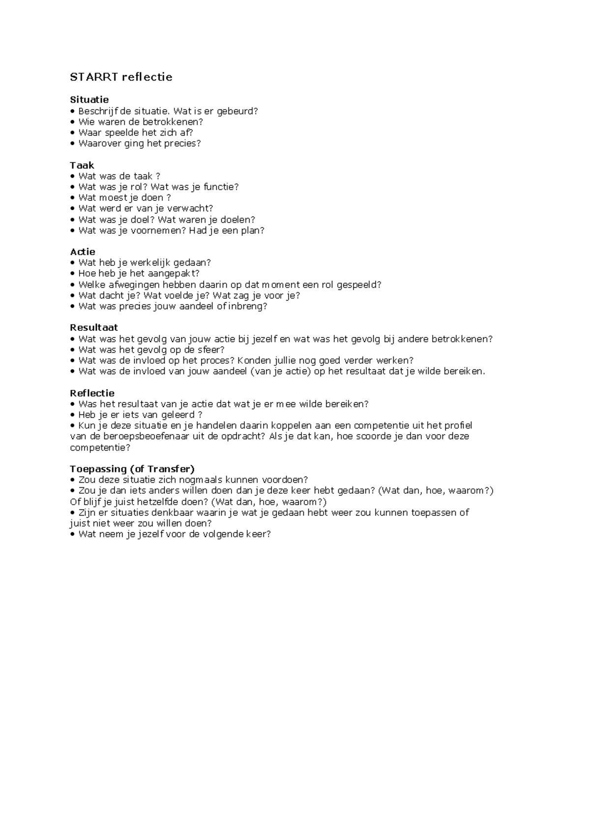 STARRT Reflectie: Situatie, Taak, Actie, Resultaat, Reflectie - Studeersnel
