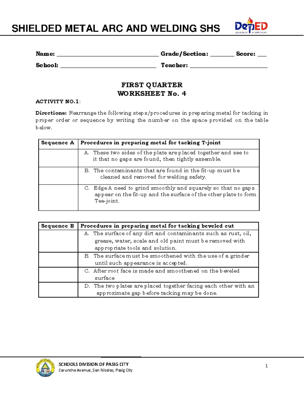 TVL SMAW11 Q1 DW4 - Shielded Metal Arc Welding Worksheet - Studocu