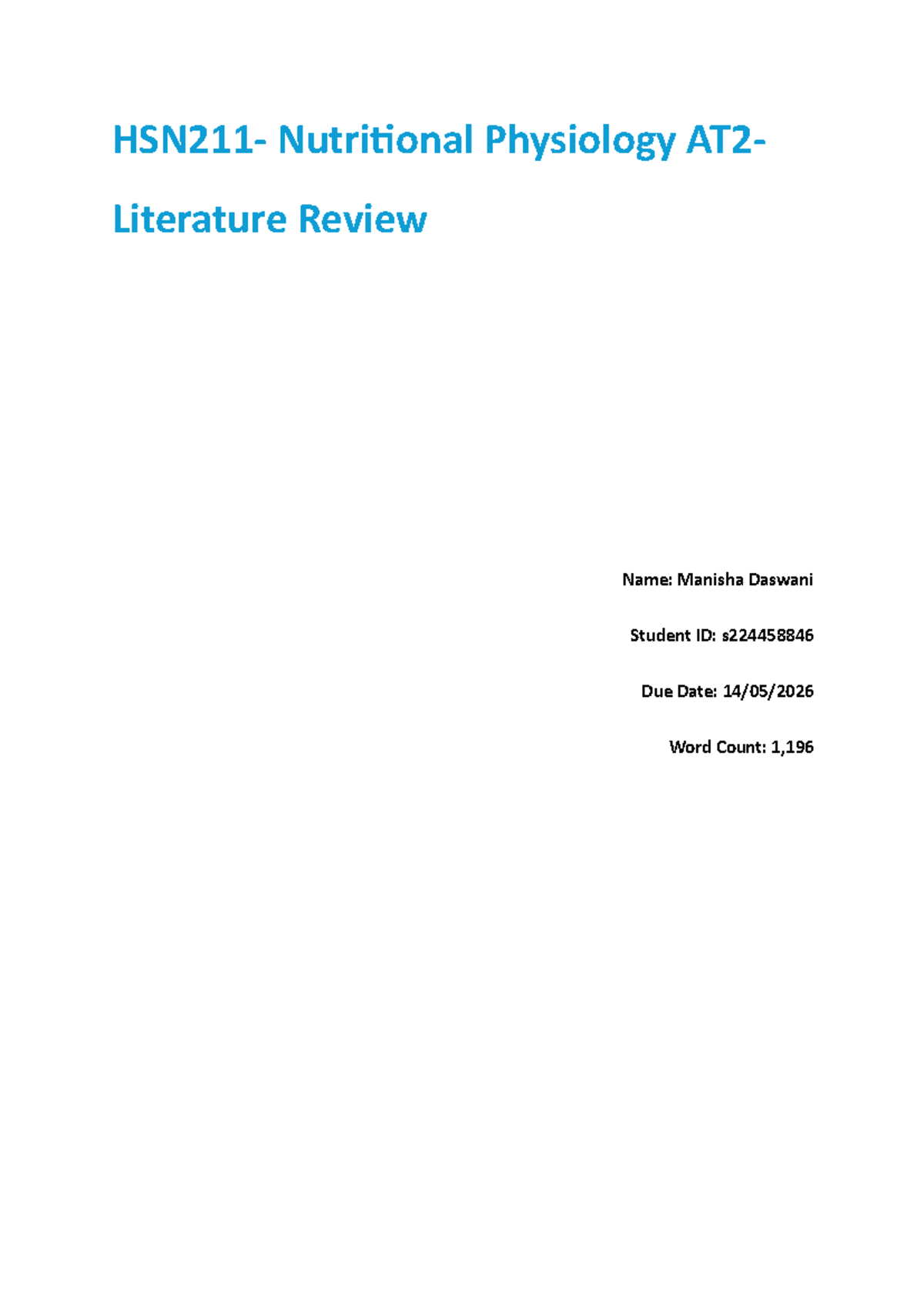HSN211 - Nutritional Physiology AT2 - Literature Review on T2 Diabetes ...