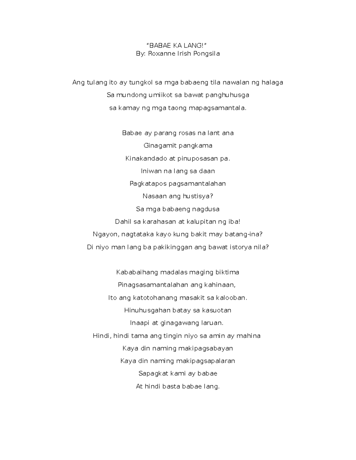 "BABAEng Makapangyarihan: 'Babae KA LANG' Spoken Poetry Analysis" - Studocu