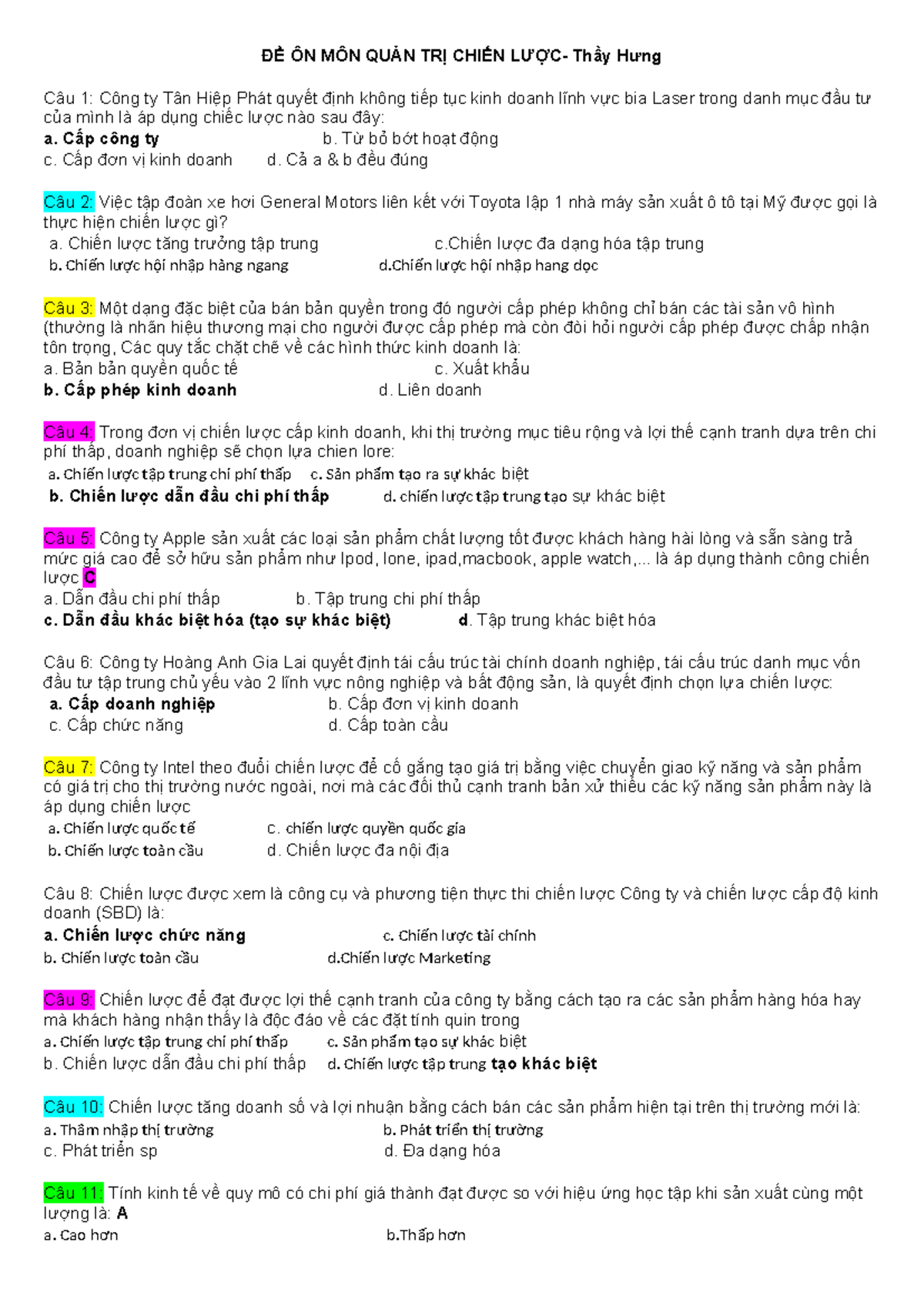 Đề Ôn Thi Quản Trị Chiến Lược - Thầy Hưng (Môn QTC) - Studocu
