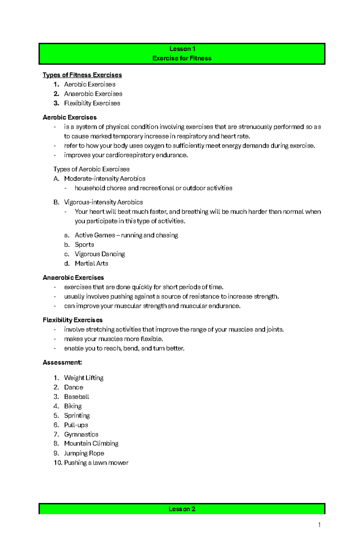 PE 1st Quarter Lesson: Types of Fitness Exercises and Guidelines - Studocu