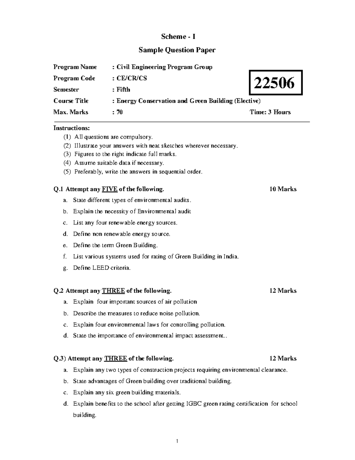 22506 - Sample Question Paper for Energy Conservation & Green Building ...