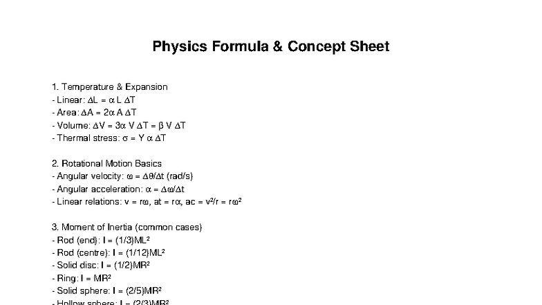 Physics Formula Concept Sheet: Temperature, Motion & Energy - Studocu