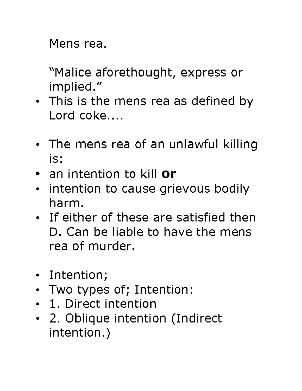 Mens Rea Lecture Notes: Understanding Intent and Culpability - Studocu