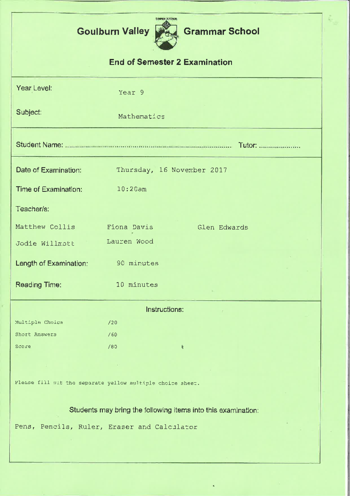 2017 Year 9 Mathematics Semester 2 Exam - Goulburn Valley Grammar - Studocu