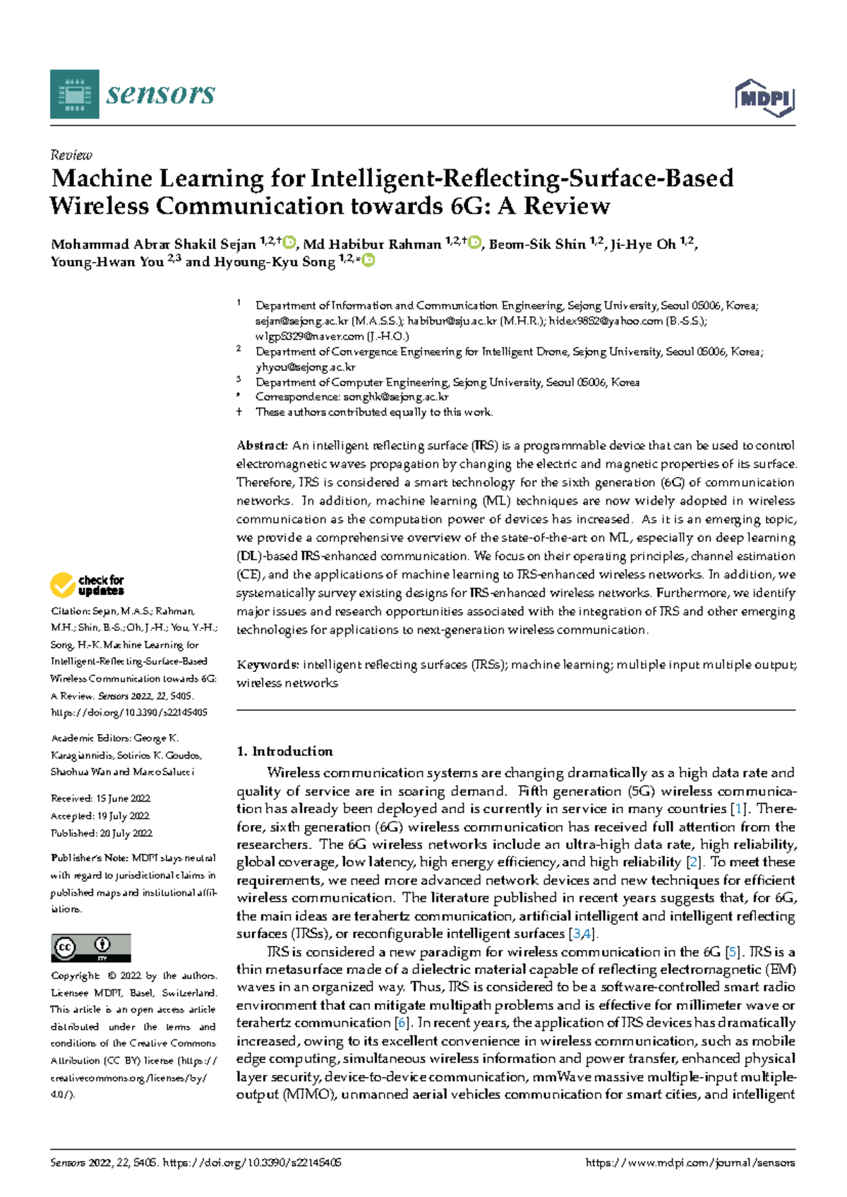 Sensors 22: Machine Learning Applications in 6G Wireless Communication ...