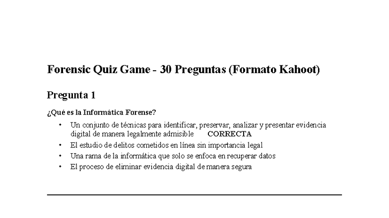 Juego de Preguntas de Informática Forense - 30 Preguntas (Kahoot) - Studocu