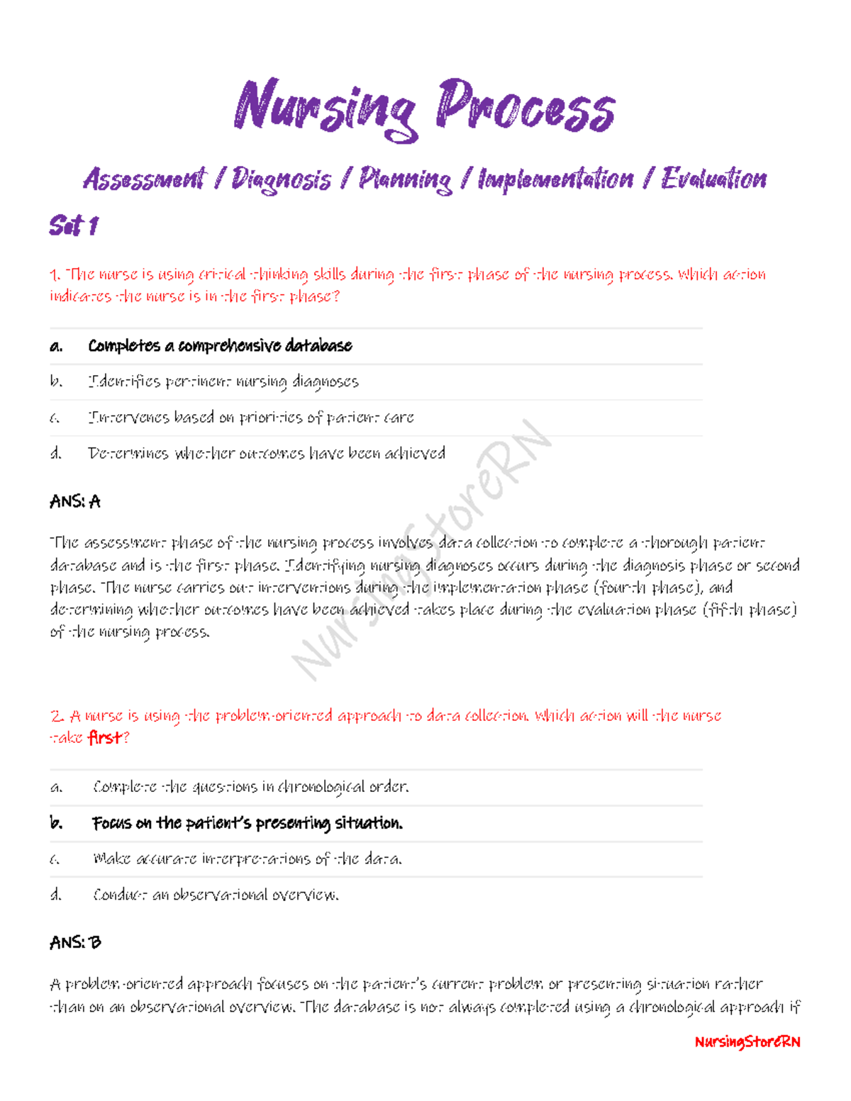 Nursing Process - Test Practice Questions Set 1 (NURS 101) - Studocu