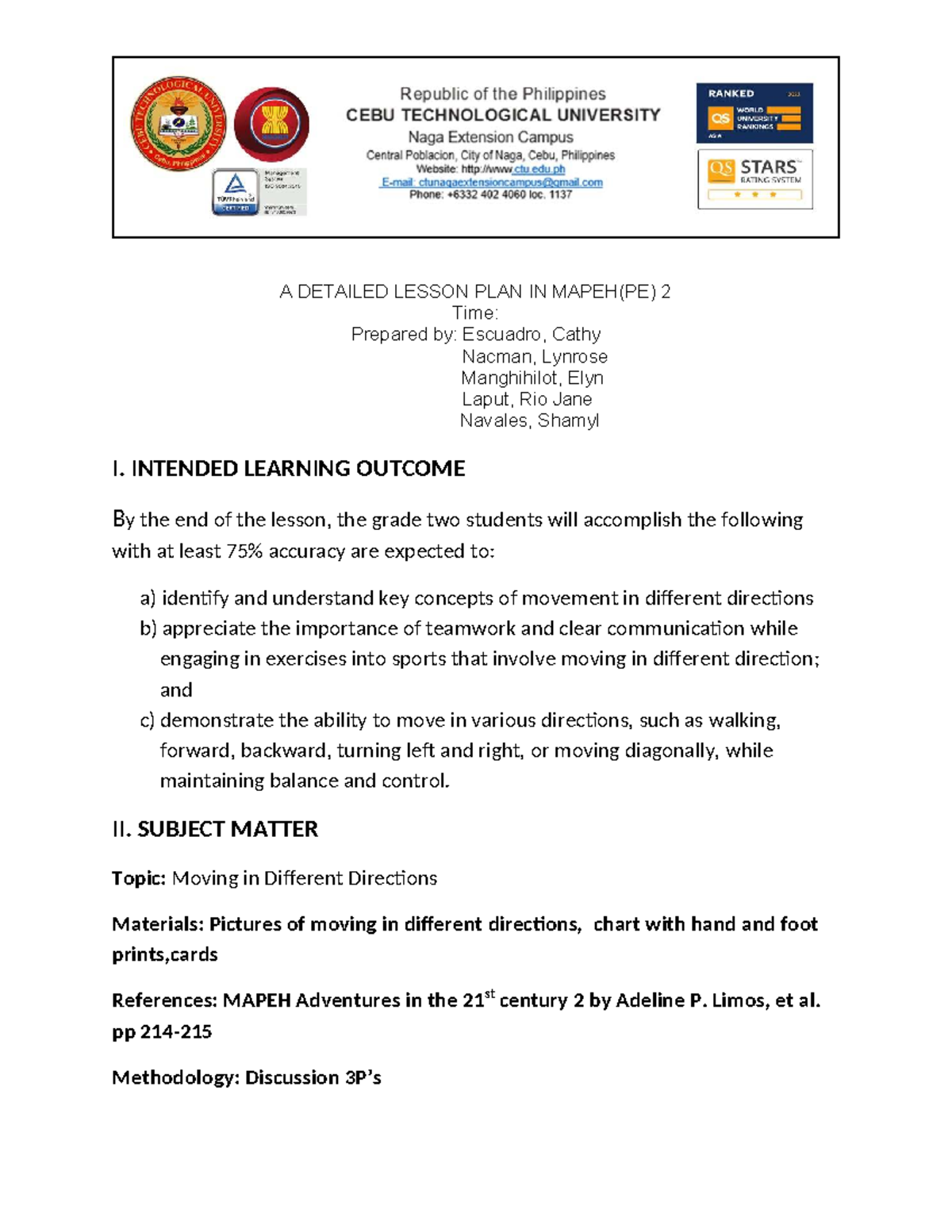 Detailed Lesson Plan in MAPEH(PE) 2: Moving in Different Directions ...